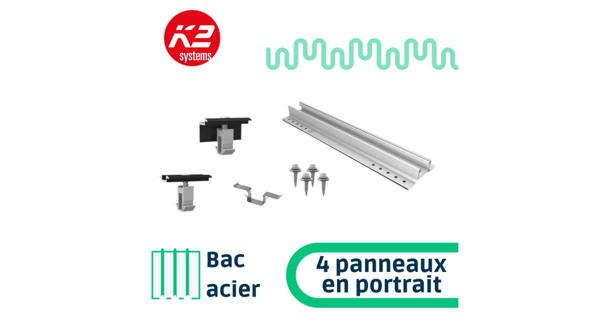 Kit fixation sur bac acier - 1 ligne de 4 panneaux en portrait